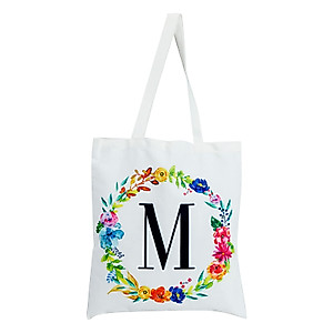 Okuna Outpost Set of 2 Reusable Monogram Letter M Personalized Canvas Tote Bags for Women, Floral Design (29 Inches)