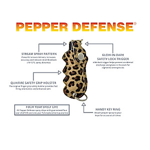 Pepper Defense 1/2 oz. Pepper Spray with Grip Holster and Keychain Attachment - Safety Twist Lock Glow Trigger - Maximum Strength 10% OC Formula - Self Defense Personal Protection (Leopard 1-Pack)