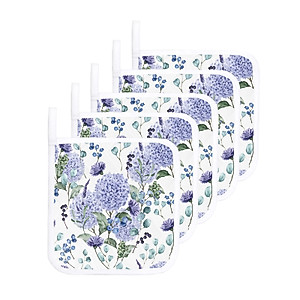 5 PCS Pot Holders with Hanging Loops, Blue Flower Heatresistant Potholders Coasters Mat for Kitchen Cooking Baking BBQ Vintage Spring Hydrangea Floral Watercolor