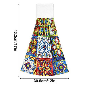 Qilmy Mexican Talavera Ceramic Tile Kitchen Towels, 2PCS Super Soft Absorbent Hanging Hang Towels or Dishcloths, Bathroom Hand Towels 12x17Inches