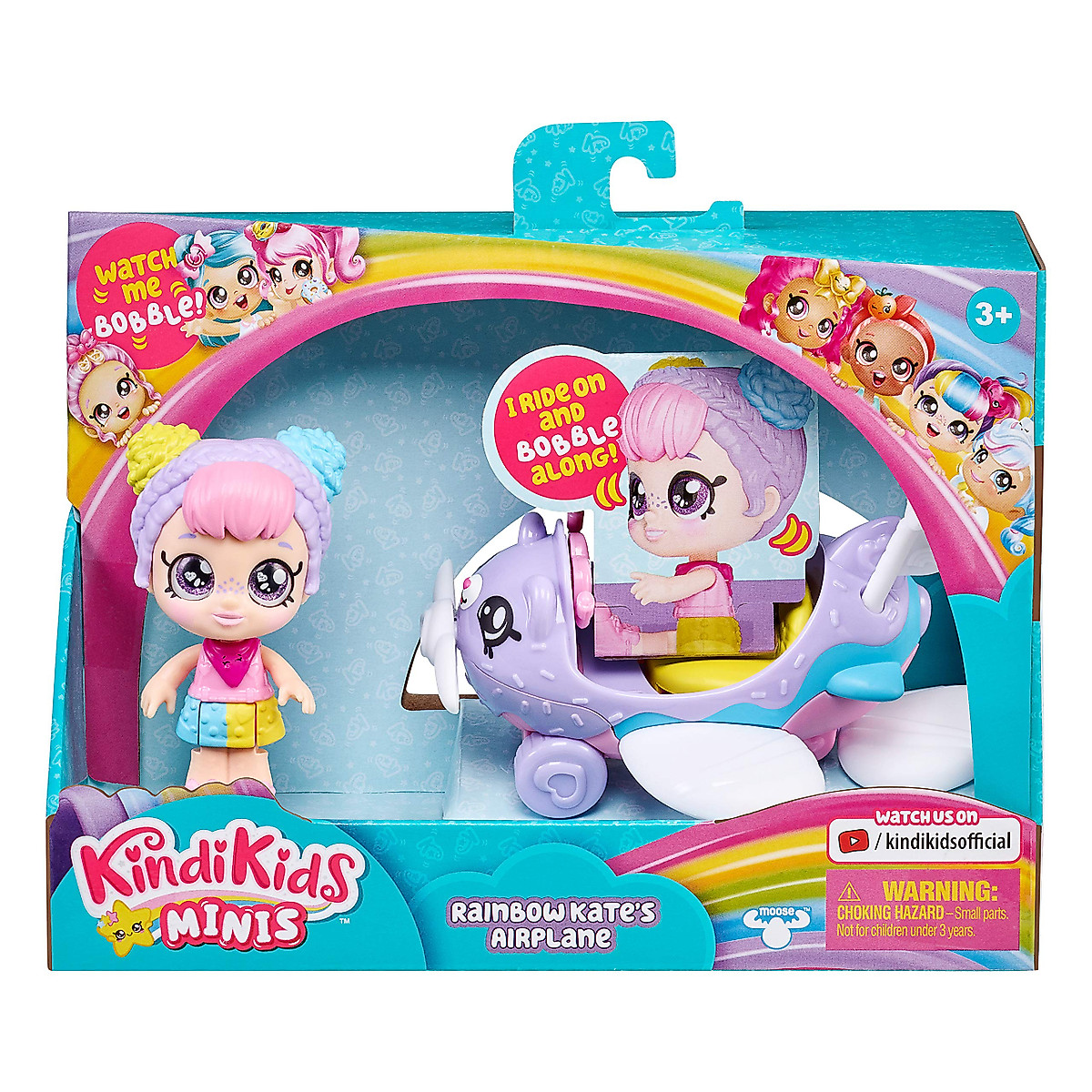 Kindi Kids Minis - Rainbow Kate's Airplane - Collectible Vehicle and Posable Bobble Head Figurine 2pc