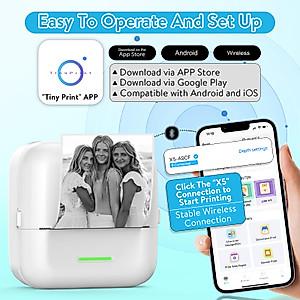 HuiJuKeJi Mini Sticker Printer Bluetooth Smart Pocket Inkless Thermal Printer with 10 Rolls Thermal Paper and Sticker for iOS&Android, Portable Receipt Printer for Photo Journal Notes Memo