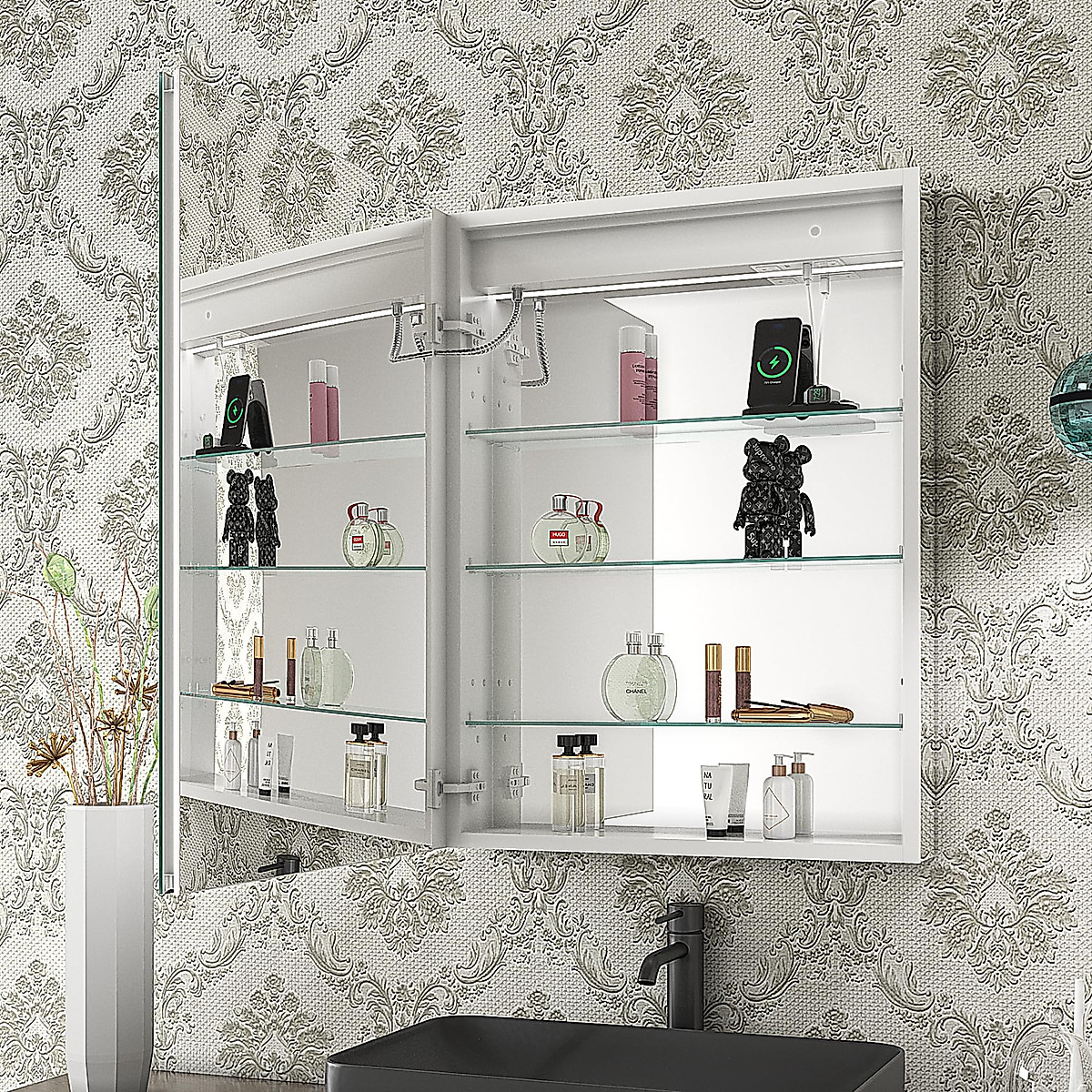 Benime 24x32 Inch, LED Lighted Bathroom Medicine Cabinet with Mirror, Surface or Recessed Medicine Cabinet with Lights, Defogger, Stepless Dimming&Color Temps, 2 Outlets&USBs, 3 Storage Shelves