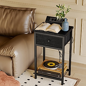 Fixwal Black Nightstands Set of 2 with Charging Station, Night Stand End Table with USB Ports & Outlets, Bedside Table with Fabric Drawer for Room, Bedroom