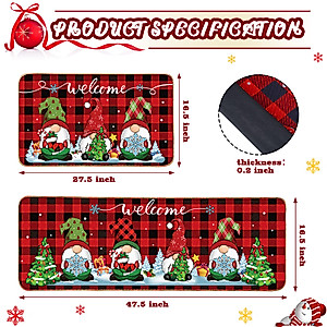 Christmas Kitchen Rugs Set of 2 Xmas Kitchen Mats Merry Christmas Mats Red Black Buffalo Plaid Doormat Christmas Non Slip Backing Floor Mat Xmas Door Mat for Home Kitchen Door Bathroom (Gnome)