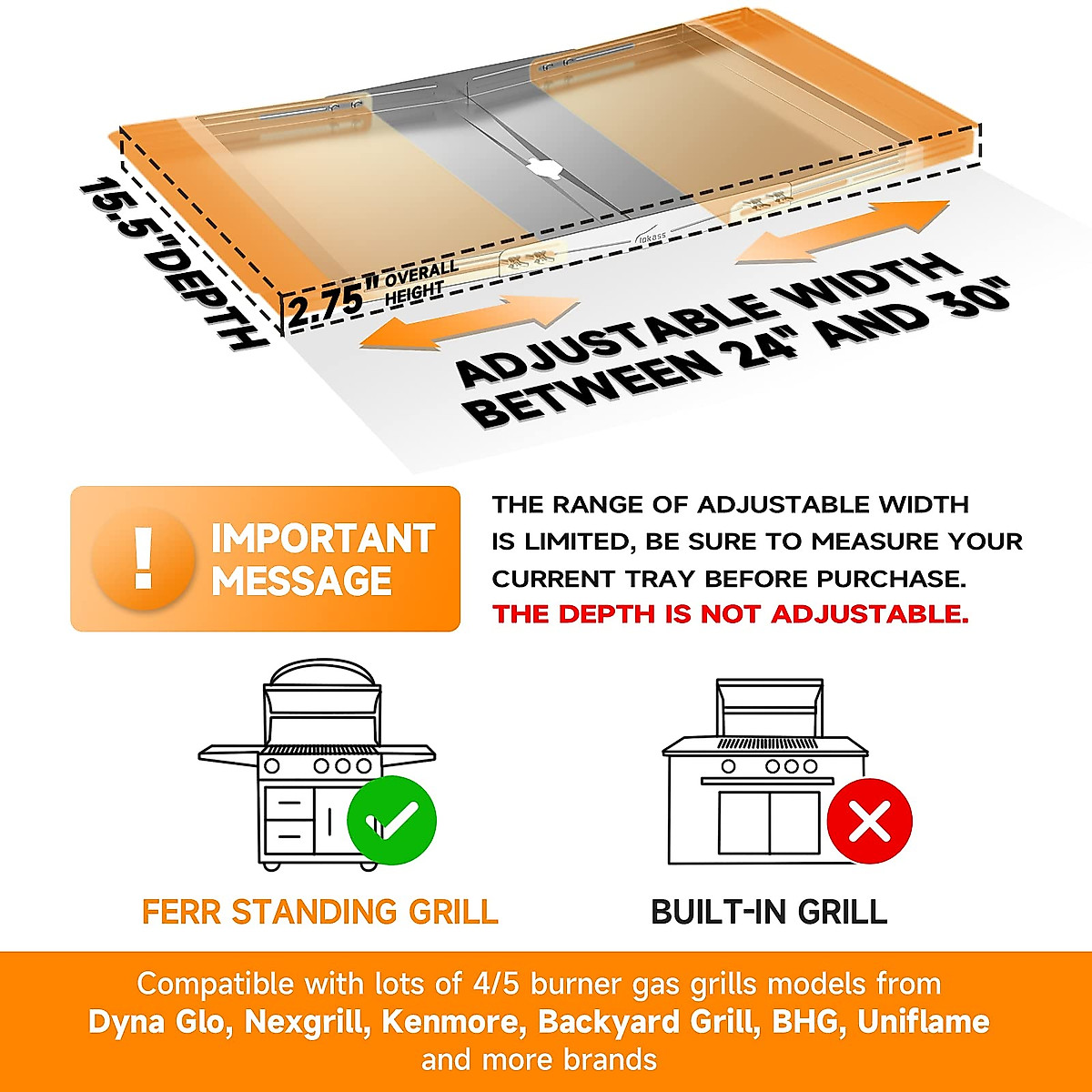 qenlicyo Grill Grease Tray Replacement Parts for Dyna Glo, Nexgrill, Expert, Kenmore, BHG and More, Unlimited Tray Capacity Universal Grill Drip Pan Replacement for Gas Grill 4/5 Burner (24"-30")