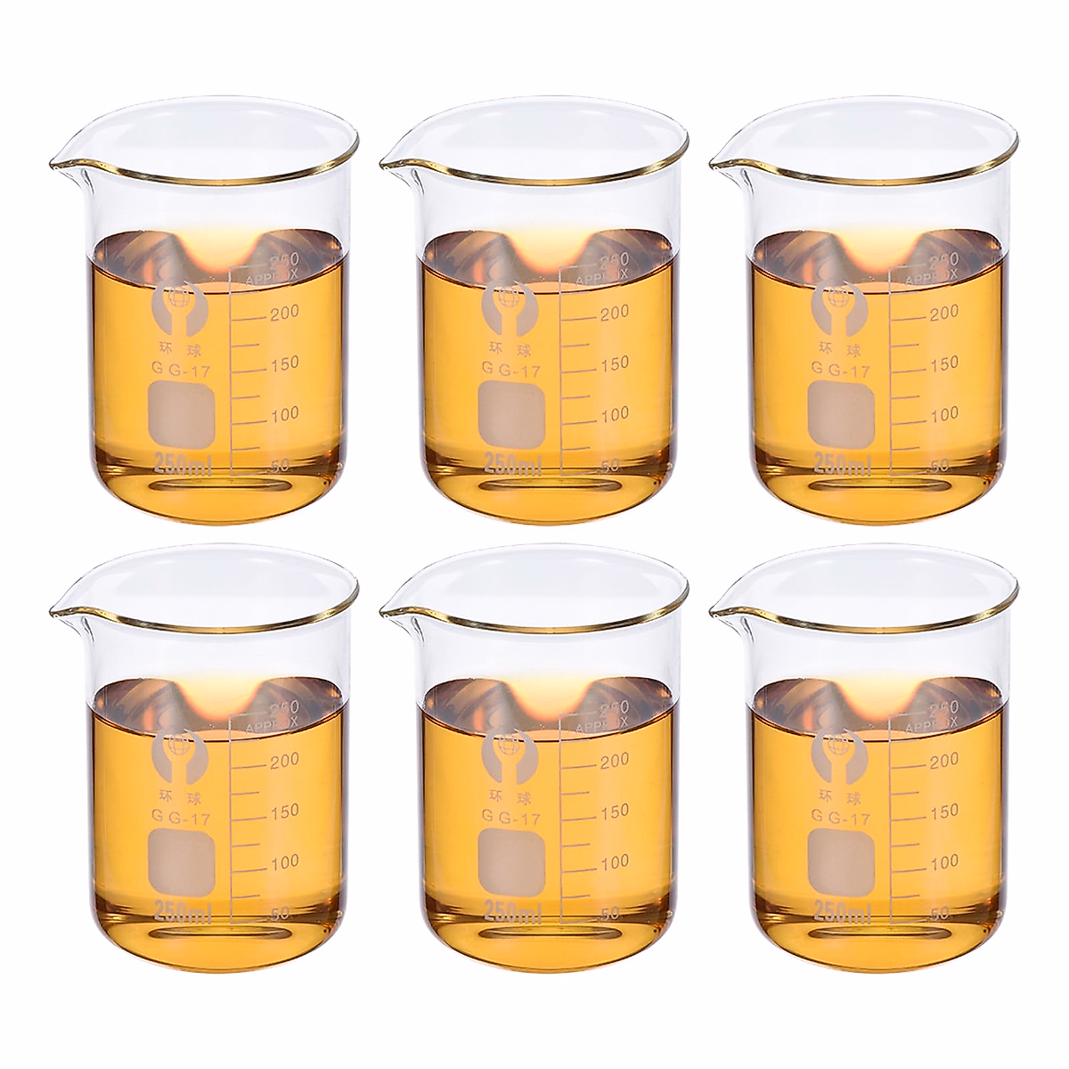 PATIKIL 250ml Low Form Glass Beaker, 6 Pack 3.3 Borosilicate Glass Graduated Printed Scale Measuring Cups with Spout for Kitchen Lab Liquids