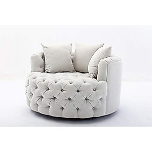 Oversized 360°Swivel Accent Barrel Chair Linen Tufted Comfy Sofachair W/3 Pillows, 42.9"W Leisure Lounge Club Upholstered Armchair Cozy Round Sofa & Chair for Home Apartment Office Hotel Living Room