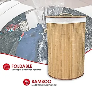 Home Basics Foldable Bamboo Laundry Basket Hamper (Round, Natural)