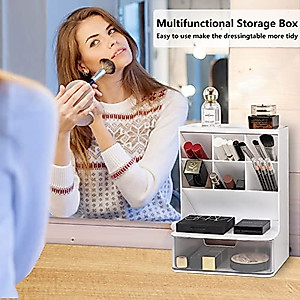 YARRAMATE Makeup Organizer with Brush Holder and Clear Drawer, Cosmetic Organizer and Storage in Bathroom, Dorm Room, Bedroom organizer for dresser, Cosmetic Display Cases (Artic White)