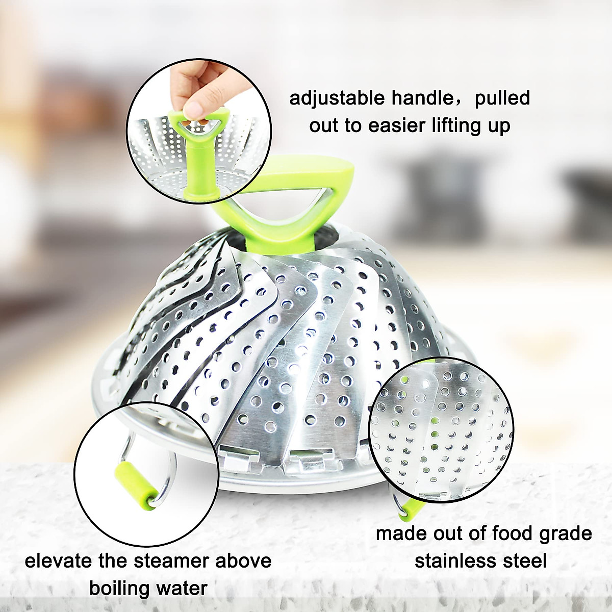 Stainless Steel Vegetable Steamer Basket for Cooking, Food Steamer Basket with Removable Center Handle for Veggie Seafood Cooking, mobzio Folding Expandable Steamer Basket Fit Various Size Pot