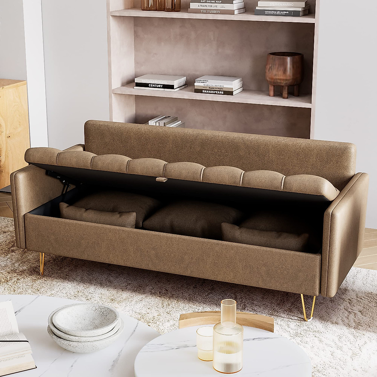 Senfot Sofa Couch Faux Leather 3-Seater Sofas with Hand Stitched Comfortable Cushion, Modern Design with Gold Metal Legs and Lift-Up Storage for Living Room in Light Brown