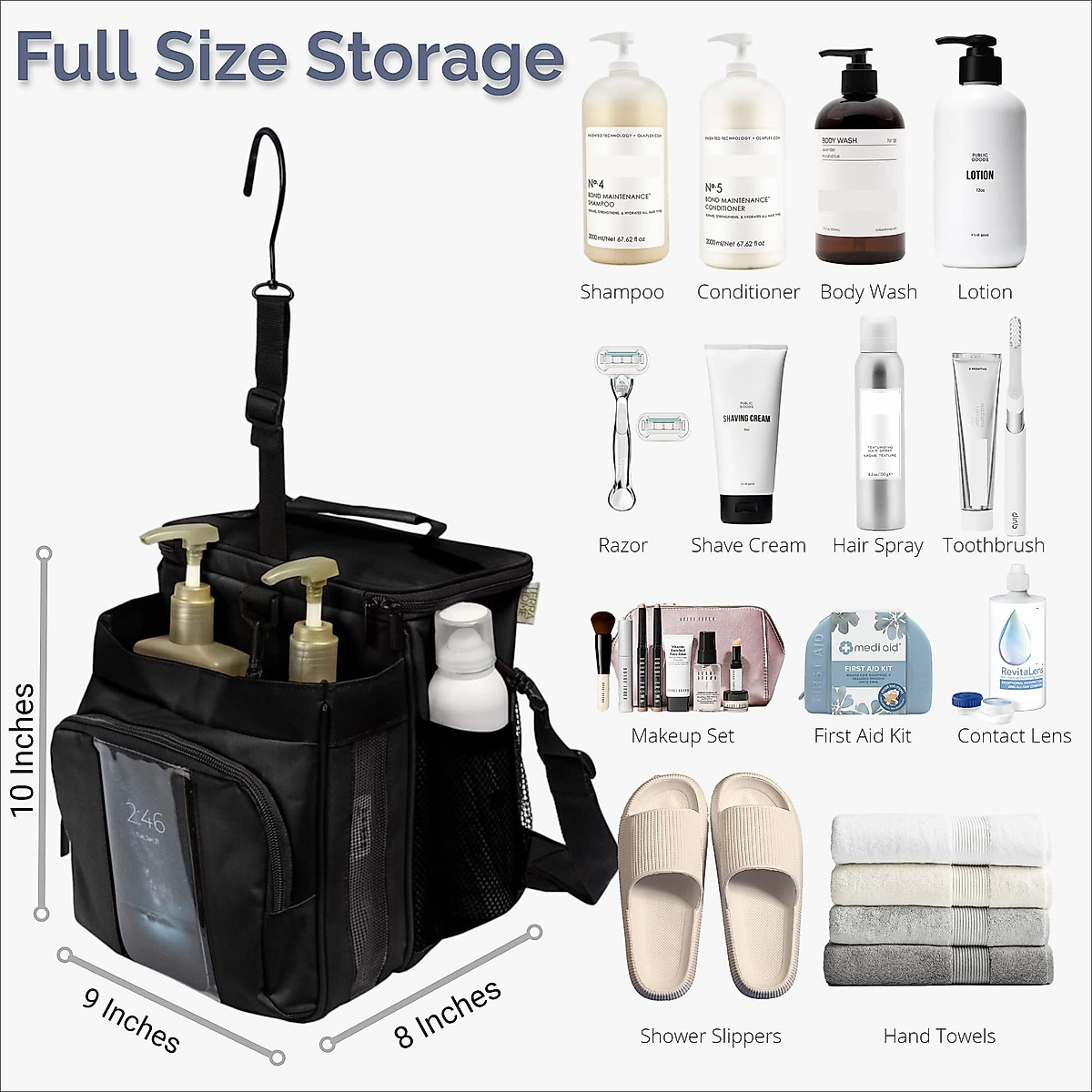 TERRA HOME Portable XL Shower Caddy Bag - College Dorm Room Essentials for Men, Women, Students - Foldable, Water Resistant with Hanging Keychain Hook and Shoulder Strap Shower Organizer Bag (Black)