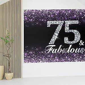 HAMIGAR 6x4ft Happy 75th Birthday Banner Backdrop - 75 & Fabulous Birthday Decorations Party Supplies for Women - Purple