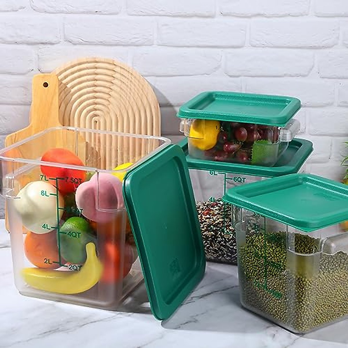 Kigley 4 Pcs Food Storage Containers with Lids Set 2 Qt 4 Qt 6 Qt 7.5 Qt Clear Square Commercial Food Storage Container with Scale Handle for Home Restaurant Kitchen Food Prep(Green)