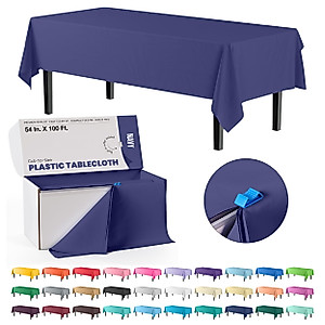 Exquisite 54 Inch X 100 Feet Navy Plastic Table Cover Roll in A Cut - to - Size Box with Convenient Slide Cutter. Cuts Up to 12 Rectangle 8 Feet Plastic Disposable Tablecloths