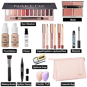 All in one Makeup Kit for Women full Kit, Professional Makeup kit with foundation 12 Colors Eyeshadow Palette Liquid Lipstick Eyebrow Soap Kit Winged Eyeliner Stamp Travel makeup set