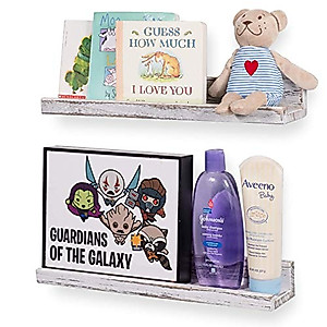 Rustic State Ted Wall Mount Narrow Picture Ledge Shelf Photo Frame Display - 17 Inch Floating Wood Shelves for Living Room Office Kitchen Bedroom Bathroom Décor - Washed White - Set of 2