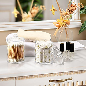 susiyo 4 Pack Golden Fleur De Lis Plastic Apothecary Jar Containers Qtip Holder Dispenser Bathroom Vanity Storage Organizer Canister for Cotton Balls, Swabs, Makeup Sponges, Bath Salts, Hair Clips