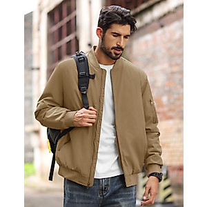 MAGCOMSEN Mens Bomber Jacket Fall Quilted Lining Lined Warm Jacket Full Zip Work Jackets Winter Casual Jacket Khaki XL