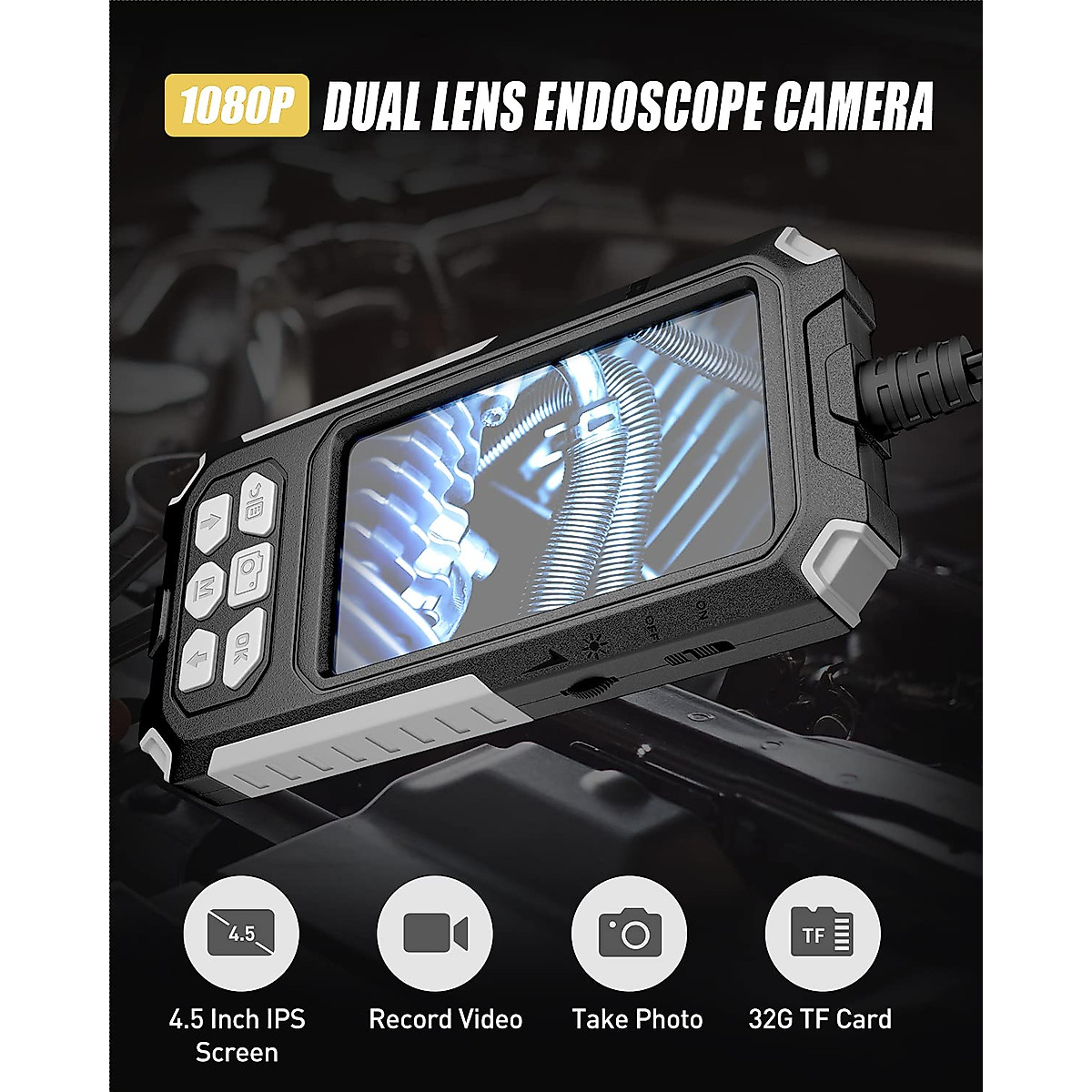 33FT Dual Lens Industrial Endoscope, AUTOGEN 1080P HD Borescope Inspection Camera with 4.5" IPS Screen, 0.31 Inch Digital Sewer Camera with 8 LED Lights, 10M Semi-Rigid Cable, 32G TF Card