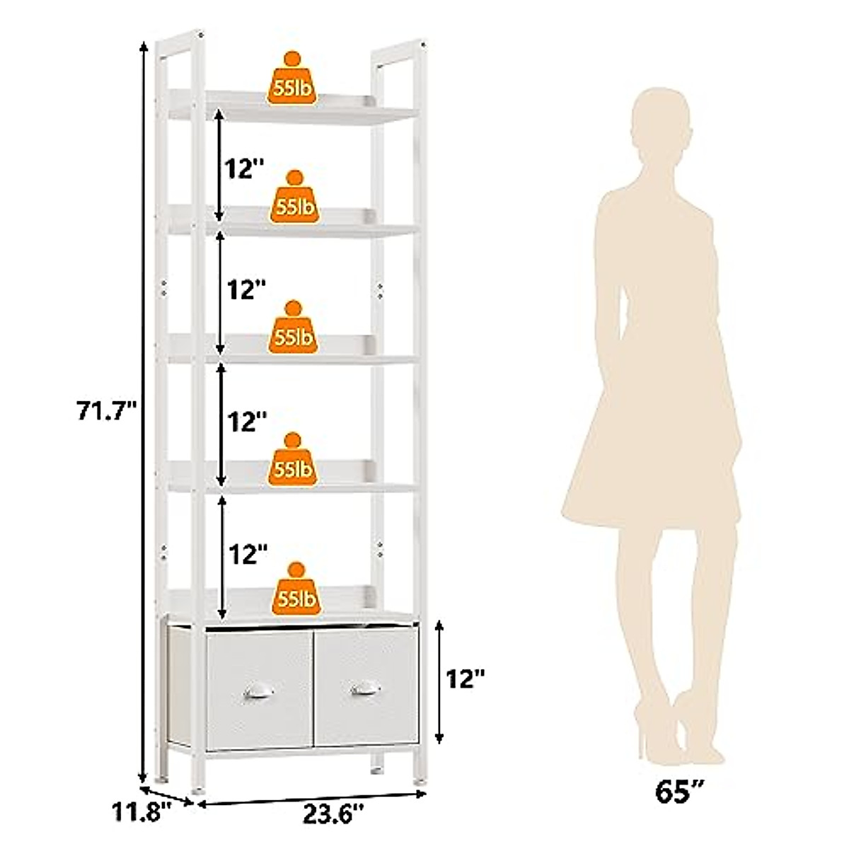 Furologee White 6 Tier Bookshelf with Drawers, Tall 71" Bookcase with Shelves, Modern Wood and Metal Book Shelf Storage Organizer, Display Free Standing Shelf Unit for Bedroom, Living Room, Office