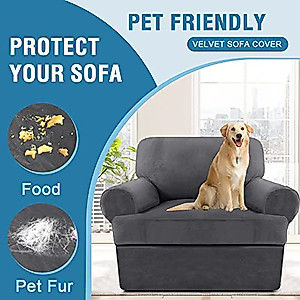 Sofa Cover 2 Piece T Cushion Armchair Slipcovers Thick Velvet Couch Cover Furniture Protector Stretch T Cushion Sofa Covers for 1 Cushion Couch with 1 Individual T Cushion Covers Washable, Grey