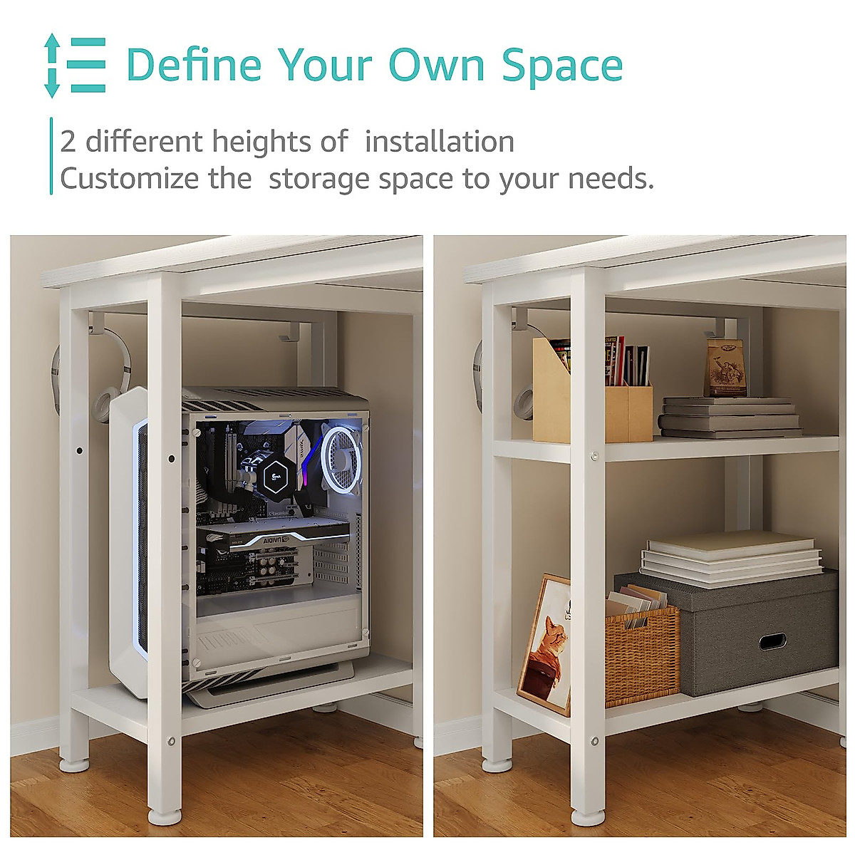 Lufeiya White Gaming Desk with Fabric Drawers and Storage Shelves, 47 inch Home Office Desk with Monitor Stand, Computer Desk with LED Lights and Power Outlets, White