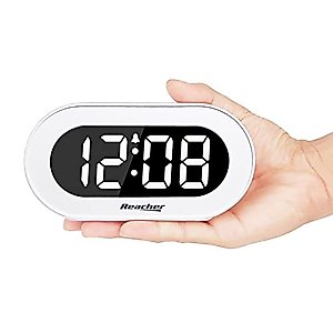 REACHER Small LED Digital Alarm Clock with Snooze, Simple to Operate, Full Range Brightness Dimmer, Adjustable Alarm Volume, Outlet Powered Compact Clock for Bedrooms, Bedside, Desk, Shelf(White)