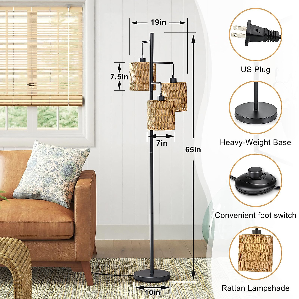 Maxax Rattan Floor Lamp, 3 Lights Farmhouse Tree Standing Lamp with Wood Rattan Shades, Multi Head Vintage Tall Pole Lamp for Bedroom Living Room, Office - 65 Inches