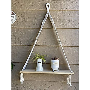 Flora Bunda Macrame Wall Hanging Shelf Indoor Plant Hanger Planter Rack Flower Pot Holder Wood Floating Shelf Organizer Hanger, Handmade Cotton Rope Boho Home Décor Wall Decor (with Wood Plate) 33”H