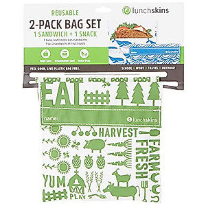 Lunchskins Reusable 2 Piece Food Storage Bag Set, 1 Sandwich Bag + 1 Snack Bag, Green Farm