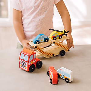 Melissa & Doug Wooden Emergency Vehicle Carrier Truck With 1 Truck and 4 Rescue Vehicles