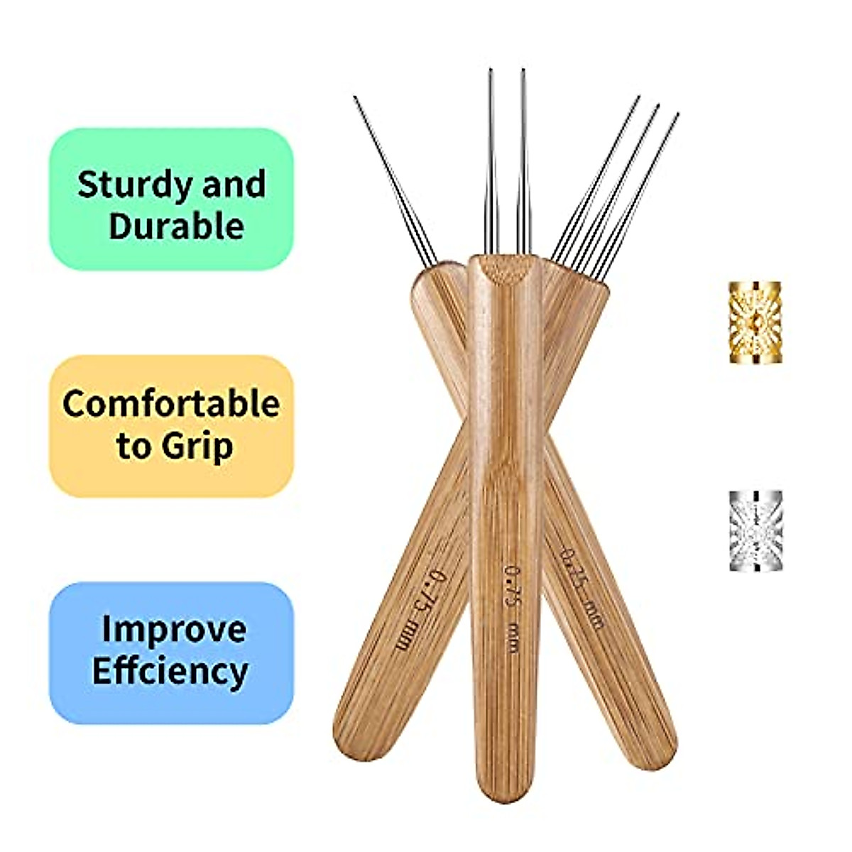 Vodiye Dreadlock Crochet Hook for Hair, 0.5mm 0.75mm Steel Locs Crochet Needle for Hair, Professional Dreadlock Crochet Needle with Bamboo Handle, Dreadlocks Beads Mixed Golden Silver for Braid Craft