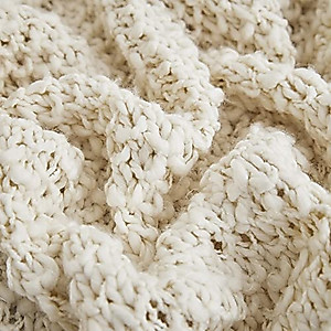 Amélie Home Chunky Slub Bulky Yarn Knit Blanket Textured Mulberry Woven Luxury Throw for Farmhouse Boho Decor Throw Blanket (Cream,50''x 60'')