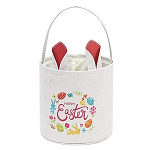 E-FirstFeeling Easter Basket Easter Bunny Basket for Kids Easter Eggs Hunt Baskets with Rabbit Ears Candy Bucket Tote for Easter Party (Light Gray)