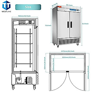 WESTLAKE 54" W Commercial Refrigerator 2 door 2 Section Stainless Steel Reach in Solid door Upright Fan Cooling 49 Cu.ft Cooler for Restuarant, Bar, Shop, etc