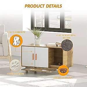 DMIDYLL Extra Large Cat Litter Box Enclosure Houses with Cat Food Bowls and Scratch Pad for Indoor Cats, Hidden Cat Litter Box Furniture Cabinet, Cat Washroom, Modern Cat Home Nightstand
