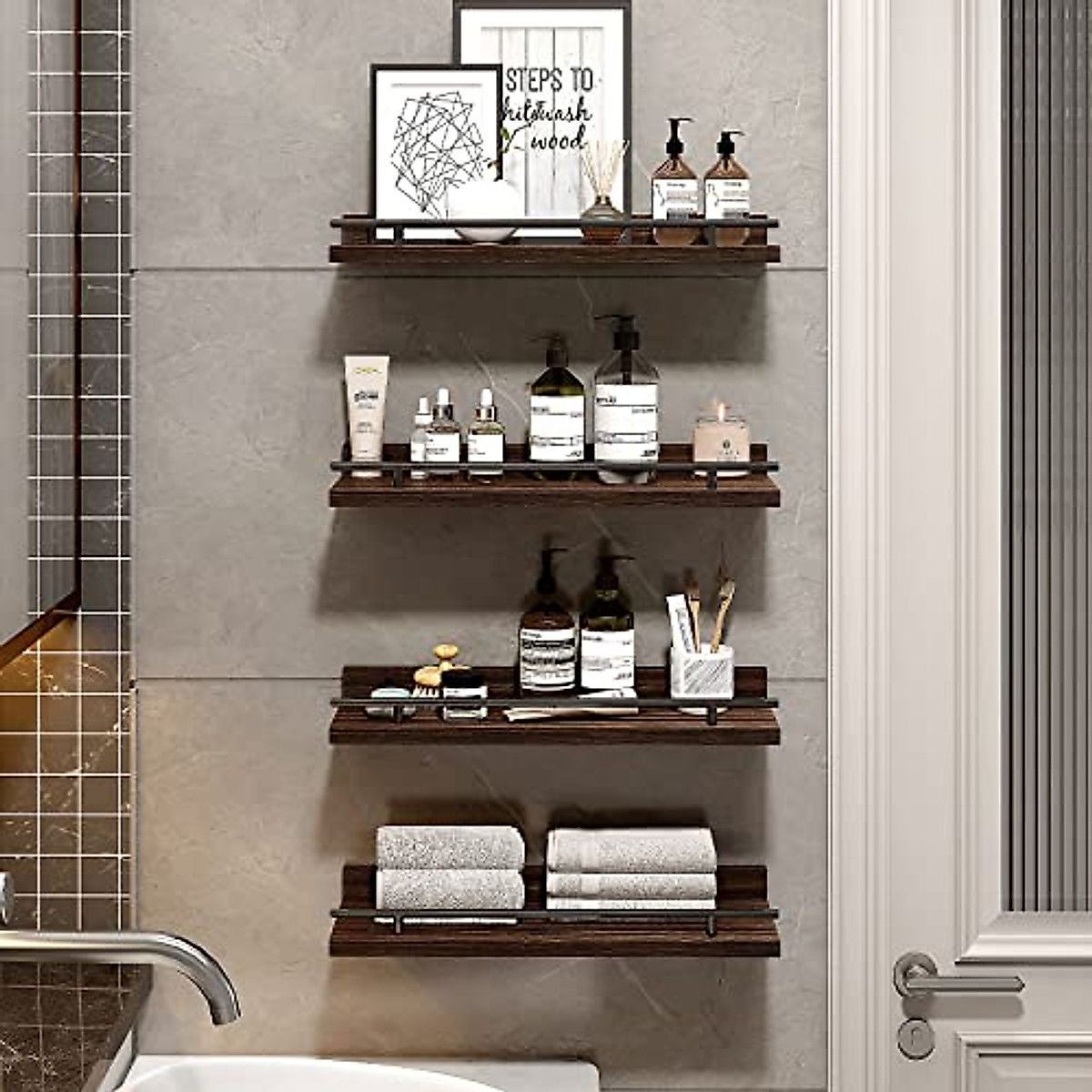 Fixwal Floating Shelves, Bathroom Wall Decor Set of 4, Rustic Farmhouse Wood Bathroom Wall Shelves for Bathroom, Living Room, Kitchen, Bedroom (Carbonized Black)