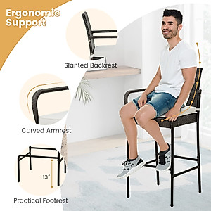 HAPPYGRILL Wicker Bar Stools Set of 4, Bar Chairs with Armrests, Footrests, Seat Cushions, Outdoor High Back Bar Stools for Patio Balcony Poolside