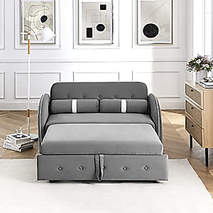 Ucloveria Convertible Sleeper Sofa Bed, Loveseat Futon Sofa Couch w/Pull Out Bed w/ 2 Side Pockets, Creative Curved Armrest Velvet Adjustable Backrest with 2 Pillows for Living Room, Grey