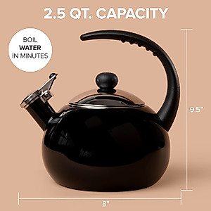 Farberware Luna Water Kettle, Whistling Tea Pot, Works For All Stovetops, Porcelain Enamel on Carbon Steel, BPA-Free, Rust-Proof, Stay Cool Handle, 2.5qt (10 Cups) Capacity (Black)