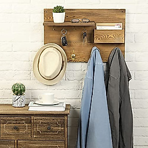 MyGift Wall Mounted Solid Burnt Wood Entryway Key and Mail Holder Organizer Storage Rack with Display Shelf and 8 Hooks