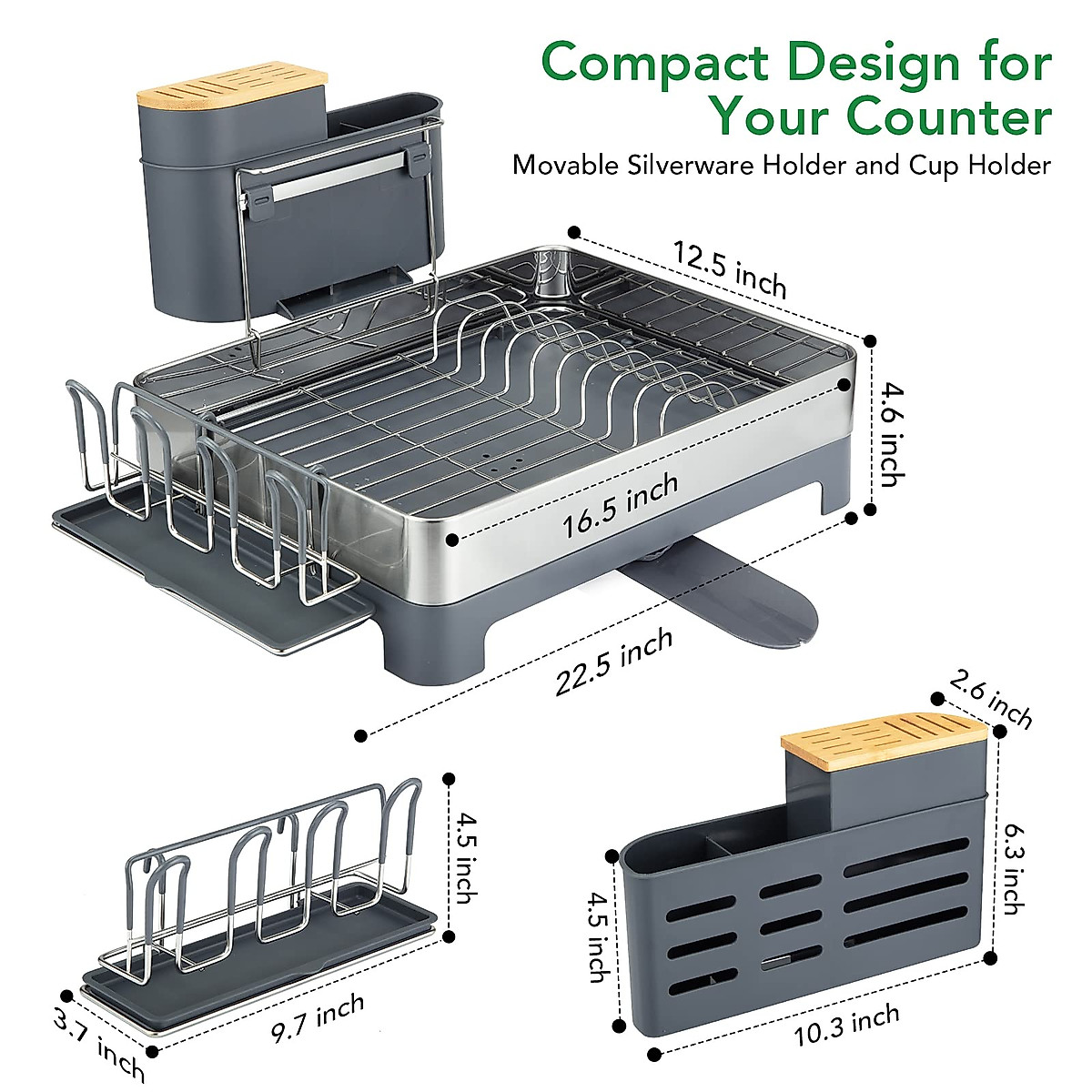 LITENEZZ Dish Drying Rack, Stainless Steel Dish Rack Drainers for Kitchen Counter with 360° Swivel Spout and Drainboard, Fingerprint-Proof Dish Drainers with Utensil Holder, Kitchen Sink Organizer