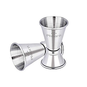PHILORN 2 Set Double Jigger 0.5 & 1 oz 304 Stainless Steel with Recipe 15ml & 30ml Measuring Cup Measure Liquor Quickly Accurately Cocktail Jigger Round Edge and Thin Waist for Comfort Holding