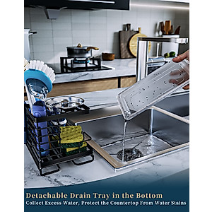 Consumest 5 in 1 Kitchen Sink Organizer with Removable Drain Tray, Quick Draining Kitchen Sink Caddy Rustproof Stainless Steel Sink Sponge Holder for Sponge, Cleaning Towel, Scrubber, Black