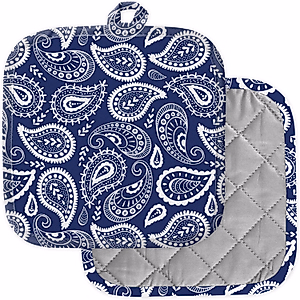 [Pack of 2] Pot Holders for Kitchen, Washable Heat Resistant Pot Holders, Hot Pads, Trivet for Cooking and Baking ( Paisley Blue White )