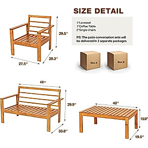 YOLENY 4 Piece Patio Conversation Set, Outdoor Coffee Table with Soft Cushions Chairs, Wood Furniture Set Outdoor Sofa Set for Garden, Poolside, and Backyard