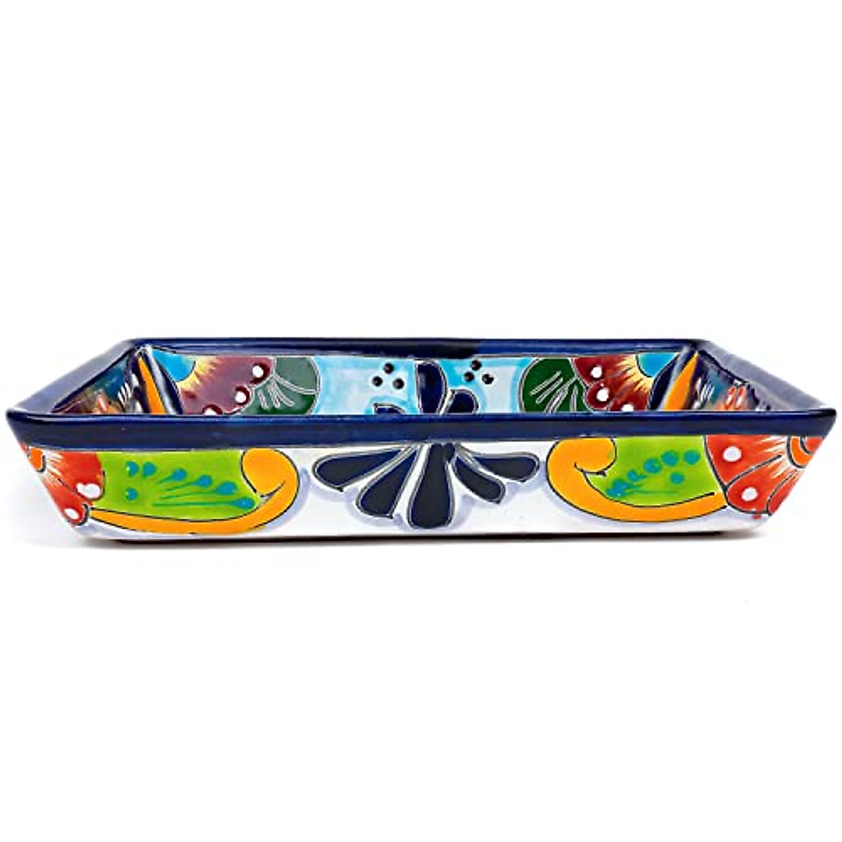 Enchanted Talavera Pottery Hand Painted Ceramic Rectangle Serving Platter Dish Appetizer Plate Tray Food Mexican Floral Pattern Party Fiesta Thanksgiving Jewelry Holder (Medium 9.5 x 7.5 x 1.75)