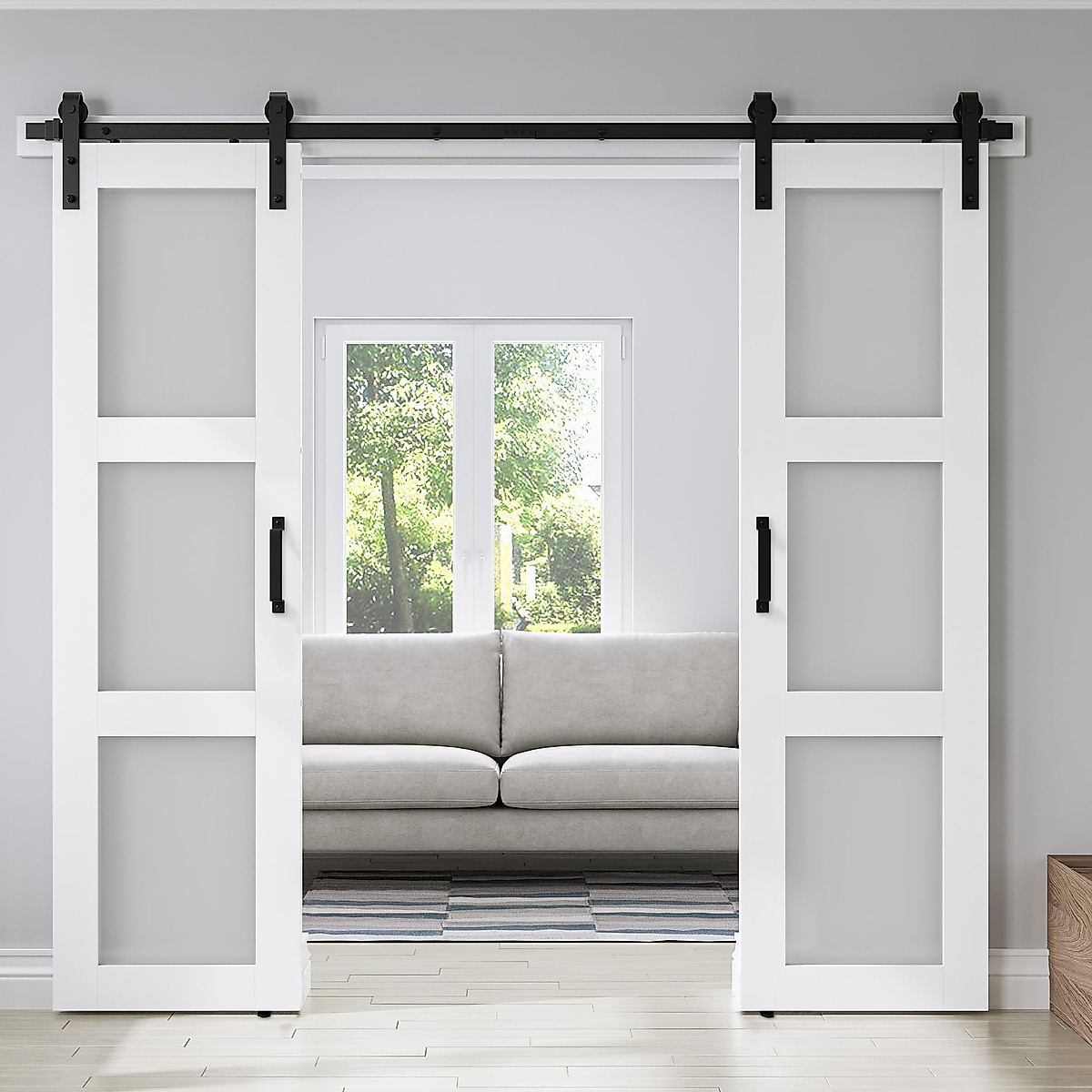 COSHOMER Double 24 x 84in 3-Panel Sliding Barn Door with Frosted Glass and 8FT Hardware Kit - Waterproof, Easy Assembly, Pre-Drilled Holes - Suitable for Openings up to 46in x 82in, White